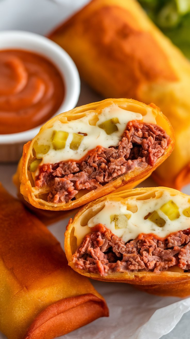 Loaded Cheeseburger Egg Rolls – Crispy, Cheesy, and Dippable